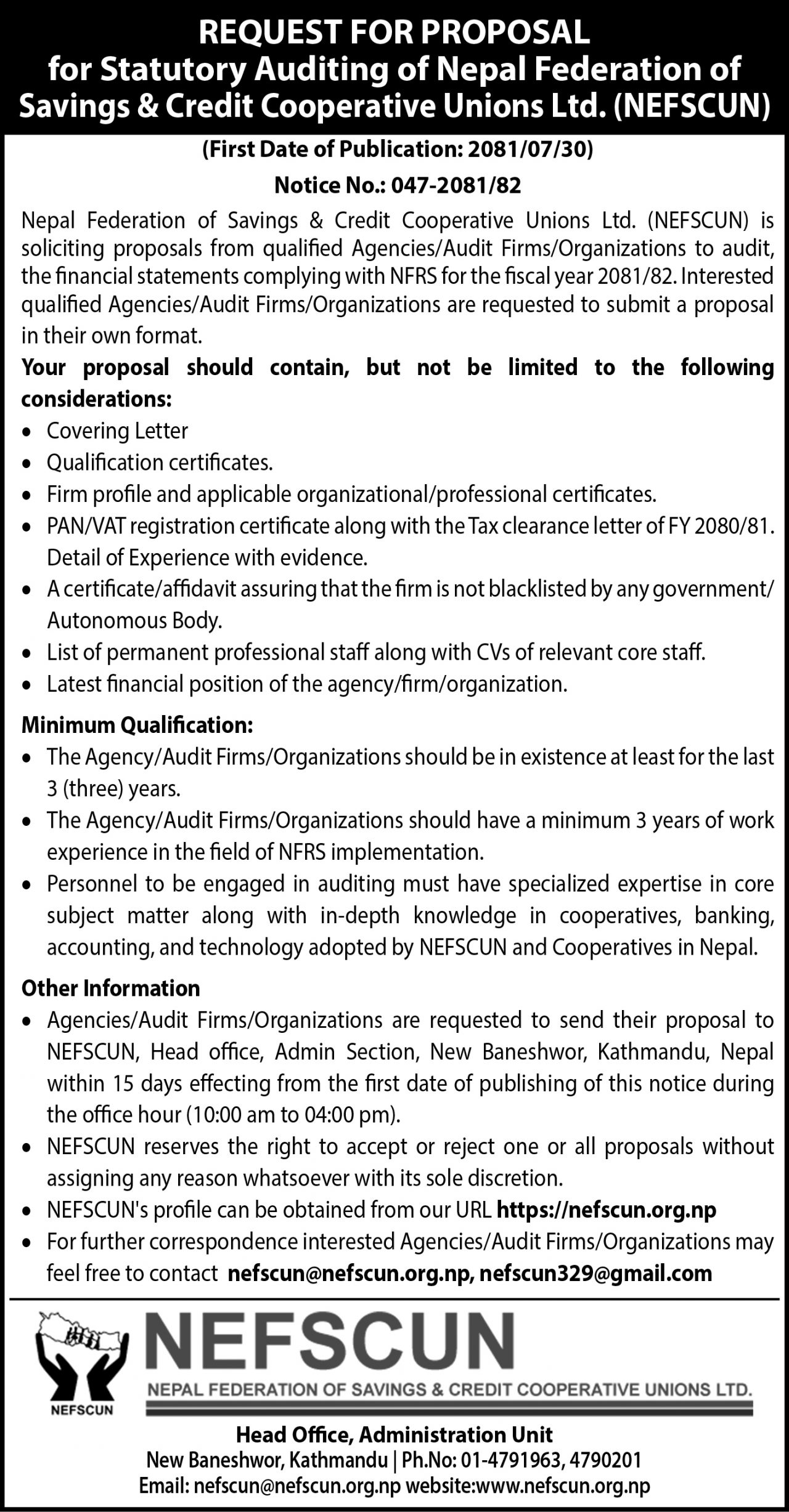 Request for Proposal for Statutory Auditing of NEFSCUN - NEFSCUN